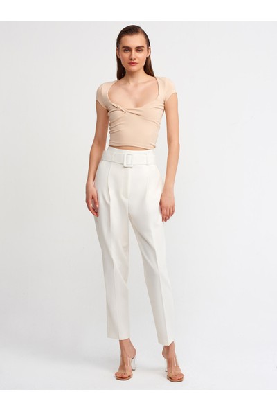 Dilvin 4998 Kemerli Düz Kesim Pantolon-Beyaz