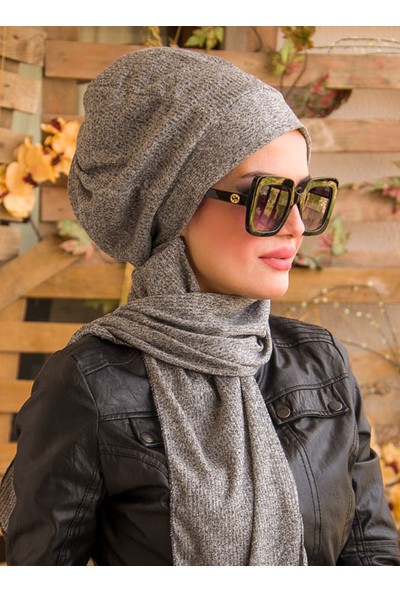 Aişe Tesettür Triko Atkılı Bere - Gri - Aişe Tesettür