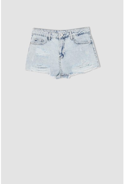 DeFacto Yüksek Bel Yırtık Detaylı Mini Jean Şort X3018AZ22SM