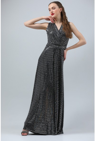 Julude Gümüş Kadın Kruvaze Yaka Sıfır Kol Pul Payetli Işıltılı Abiye Elbise