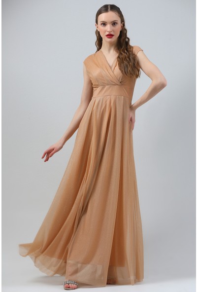 Julude Bisküvi Kadın Kruvaze Yaka Astarlı Işıltılı Uzun Tül Abiye Elbise