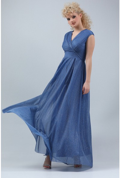 Julude Indigo Kadın Kruvaze Yaka Astarlı Işıltılı Uzun Tül Abiye Elbise