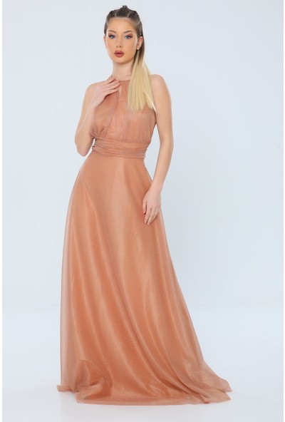 Julude Bisküvi Kadın Boyun Detaylı Iç Astarlı Işıltılı Uzun Tül Abiye Elbise