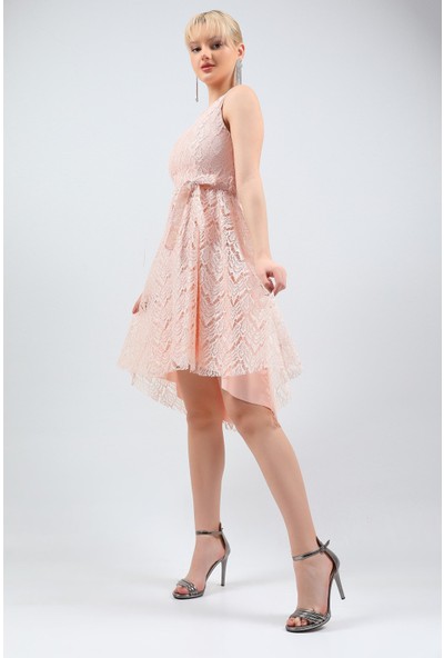 Julude Pudra Kadın Sıfır Kol Iç Astarlı Arkası Uzun Dantel Abiye Elbise