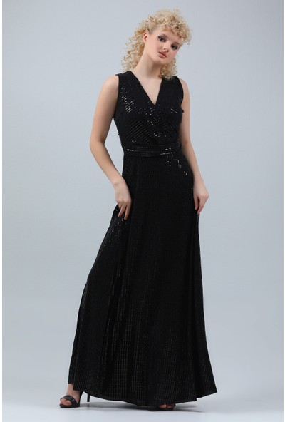 Julude Siyah Kadın Kruvaze Yaka Sıfır Kol Pul Payetli Işıltılı Abiye Elbise