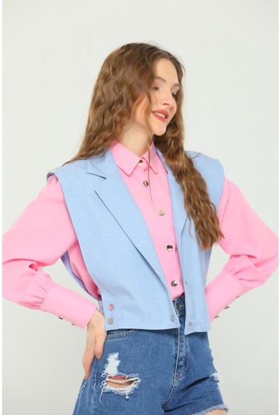 Julude Mavi Kadın Çıtçıt Detaylı Spor Yelek Ceket
