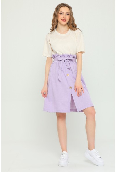 Julude Lila Kadın Bel Detaylı Ön Yırtmaçlı Kloş Etek