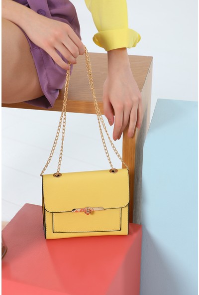 Julude Sarı Kadın Metal Zincir Askılı Günlük Çapraz Çanta