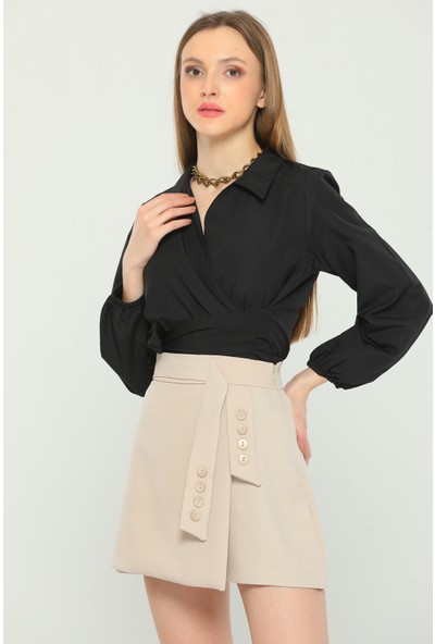 Julude Taş Kadın Ön Detaylı Şortlu Mini Etek