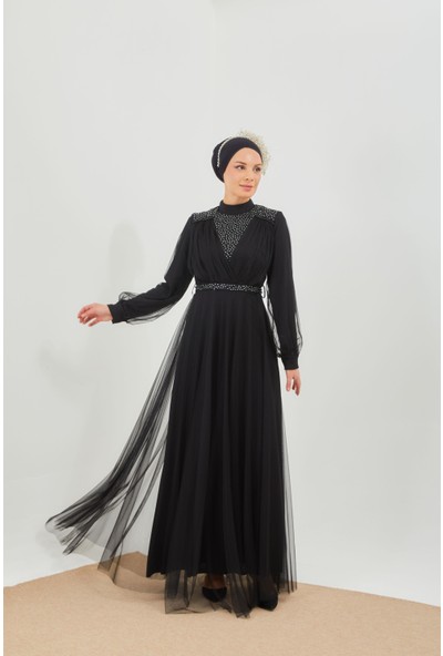 Moda Echer Inci Görsel Detaylı Tesettür Abiye Elbise 7785