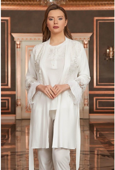 Barina 574 Bayan 3 Lü Ekru Sabahlık & Pijama Takımı Barina 574 Bayan 3 Lü Ekru Sabahlık & Pijama Takımı