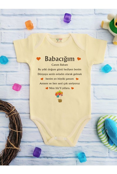 Elis Bebe Baba Balonlu Doğum Günü Baskılı Sarı Body Zıbın Bebek Çıtçıtlı Badi
