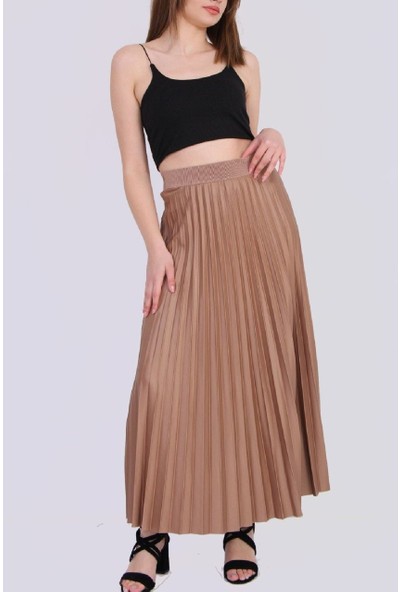 Deri Görünümlü Pilise Etek Vizon