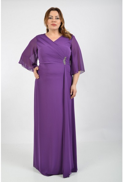 Lilas Xxl Büyük Beden Mor Renkli Şifon Uzun Abiye Elbise
