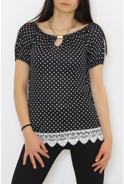 Yaka Lastikli Bluz Siyahpuanlı