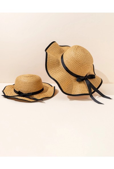 2'li Anne Kız Kurdeleli Hasır Şapka Seti