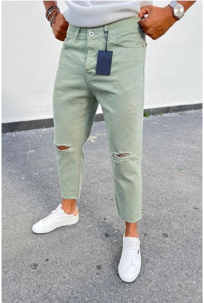 Erkek Yırtıklı Yeşil Boyfriend Kot Pantolon