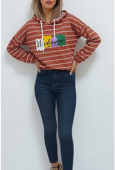 Kapüşonlu Welcome Baskılı Ince Çizgili Sweatshirt Kiremit Kapüşonlu Welcome Baskılı Ince Çizgili Sweatshirt Kiremit