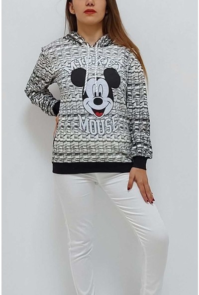 Baskılı Kapüşonlu Sweatshirt Siyah