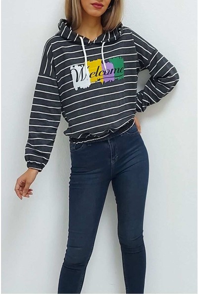 Kapüşonlu Welcome Baskılı Ince Çizgili Sweatshirt Antrasit