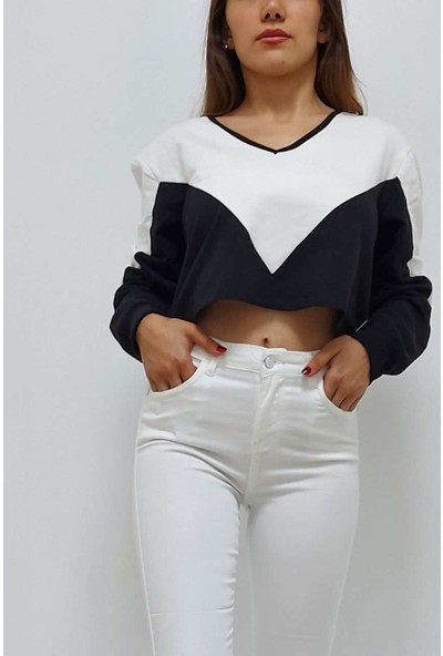 V Yaka Kısa Sweatshirt Beyaz-Siyah