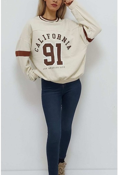 California Baskılı Kolej Yaka Oversize Içi Tüylü Sweatshirt Krem