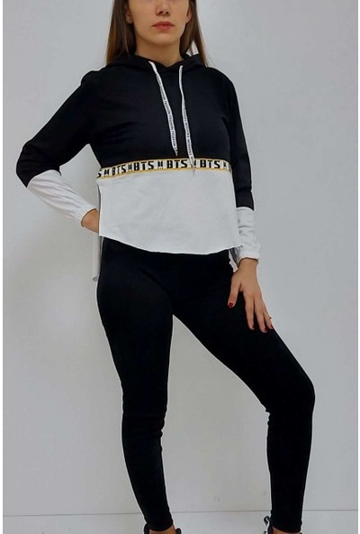 Kapüşonlu Şerit Baskılı Sweatshirt Siyah Kapüşonlu Şerit Baskılı Sweatshirt Siyah