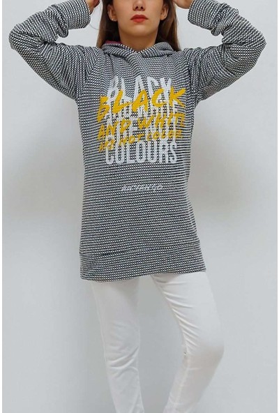 Kapüşonlu Baskılı Sweatshirt Siyah