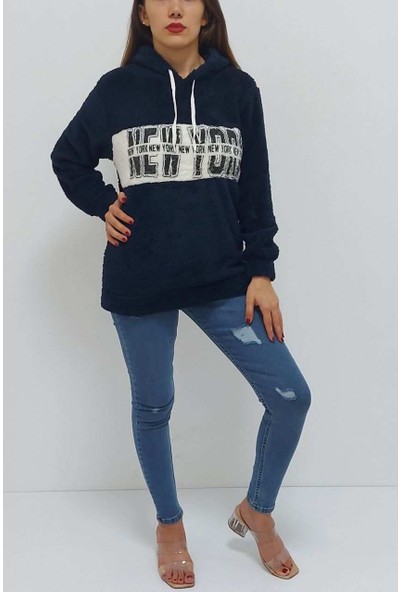 New York Baskılı Kapüşonlu Peluş Sweatshirt Lacivert