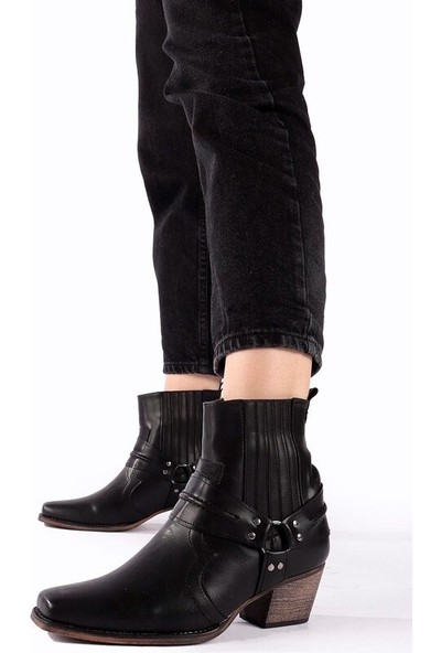 Pabucmarketi Halka Tokalı Siyah Suni Deri Kadın Bot