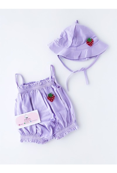 Çilek Desen Şapkalı Tulum Set Lila