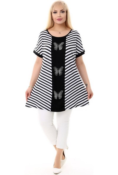 Kheos Önü Kelebek Taş Işlemeli Kısa Kol Yuvarlak Yaka Verev Çizgili Bloklu Rahat ve Dökümlü Şık Tunik Kheos Önü Kelebek Taş Işlemeli Kısa Kol Yuvarlak Yaka Verev Çizgili Bloklu Rahat ve Dökümlü Şık Tunik