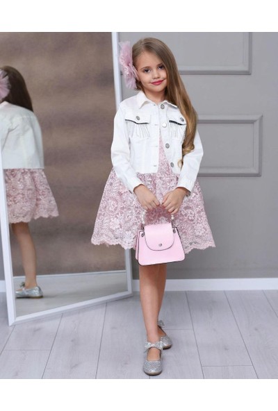 Uğur Böceği Çocuk Beyaz Kot Ceketli Abiye 4'lü Takım Elbise Kot Ceket Çanta Toka