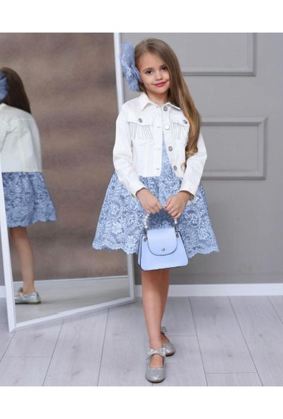 Uğur Böceği Çocuk Beyaz Kot Ceketli Abiye 4'lü Takım Elbise Kot Ceket Çanta Toka