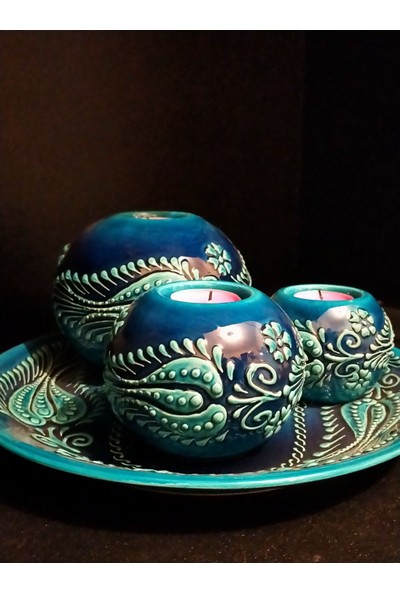 Dekoratif Seramik Mumluk 3'lü ve Tabaklı Set Turkuaz