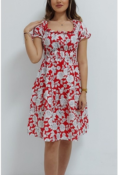 Madonna Yaka Çiçek Desenli Elbise Kırmızı