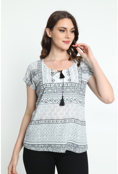 Ella Camelia Kadın Yakası Bağlama Detaylı Desenli Bluz 5010060 Siyah