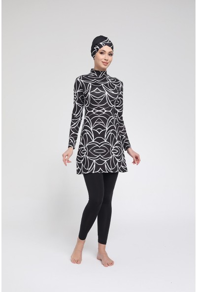 Kadın Likralı Dijital Desenli Uzun Kollu Tam Kapalı Tesettür Mayo Siyah S2240