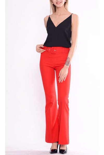 Kemerli Ispanyol Paça Pantolon Kırmızı