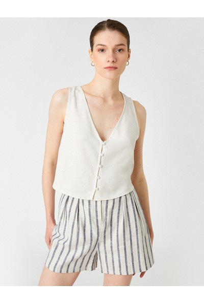 Koton Düğmeli Yelek V Yaka Keten Karışımlı