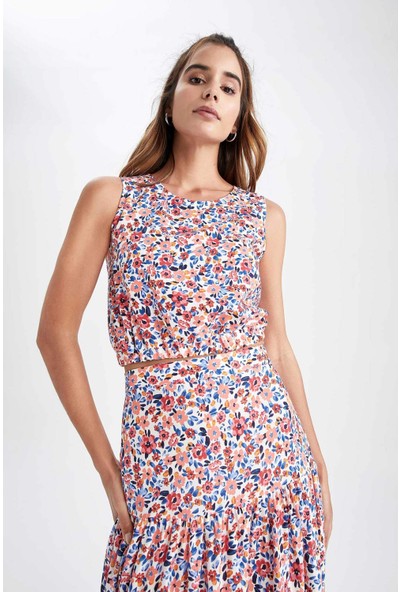 DeFacto Crop Yuvarlak Yaka Desenli Kolsuz BLUZ X6661AZ22HS