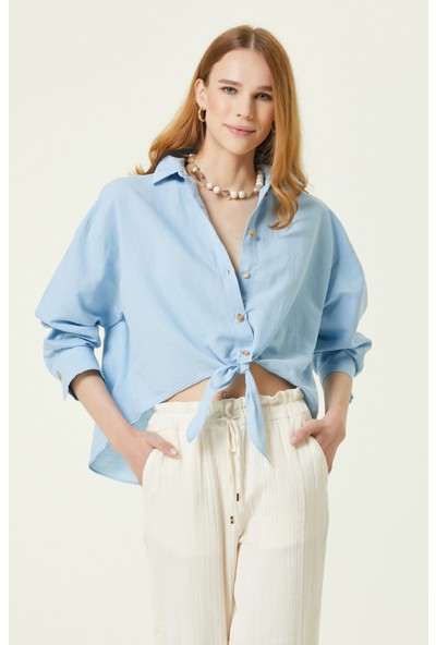 Slim Fit Mavi Keten Gömlek