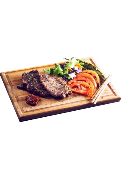 The Mask Elturko Büyük Steak Tahtası Oluklu Dizayn Sunum Tahtası Kesme Tahtası + Çöp Şiş