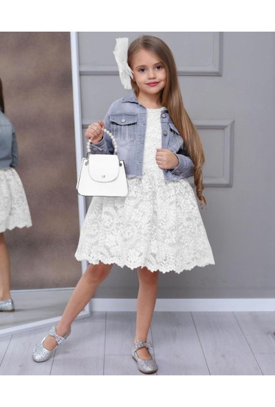 Uğur Böceği Çocuk Gri Kot Ceketli Abiye 4'lü Takım Elbise Kot Ceket Çanta Toka