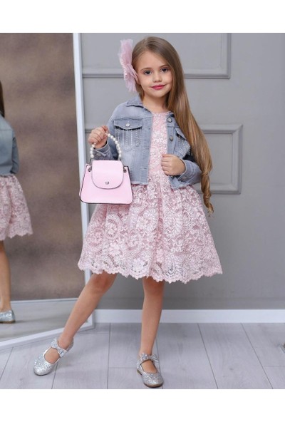 Uğur Böceği Çocuk Gri Kot Ceketli Abiye 4'lü Takım Elbise Kot Ceket Çanta Toka