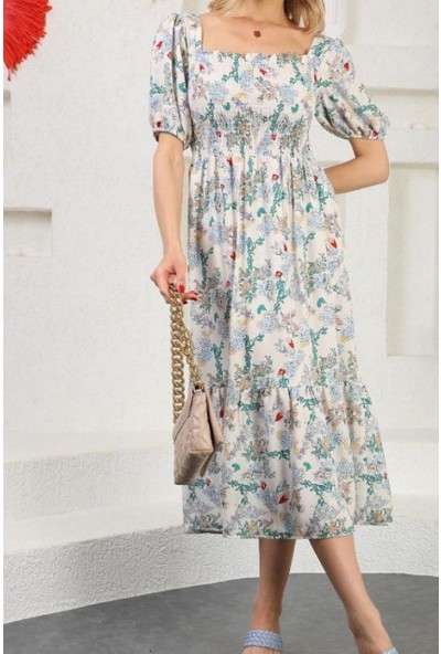 Madonna Yaka Gipeli Elbise Beyazçiçekli