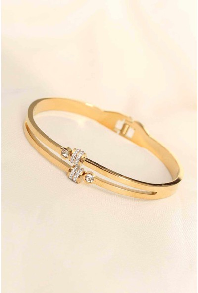 Karazona Kadın Çelik Altın Renk Taşlı Kelepçe Bilezik KZ-BB4370