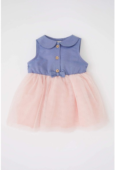 DeFacto Kız Bebek Regular Fit Bebe Yaka Kolsuz Oxford Elbise X8244A222SM