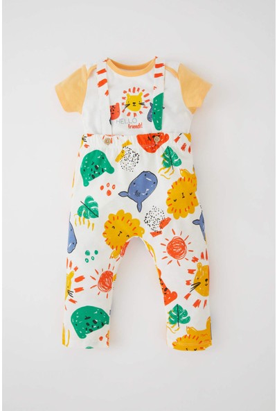 DeFacto Erkek Bebek Baskılı Çıtçıtlı Kısa Kollu Body Askılı Uzun Alt Pamuklu Tulum Takım X8026A222SM