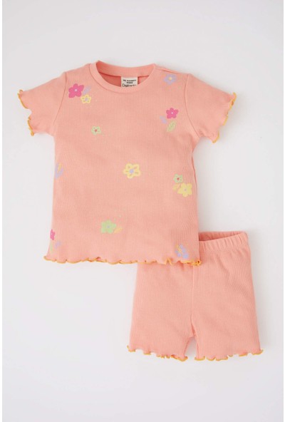 DeFacto Kız Bebek Regular Fit Bisiklet Yaka Baskılı Kaşkorse Kısa Kollu Tişört ve Şort Metrajlı Takım X9623A222SM